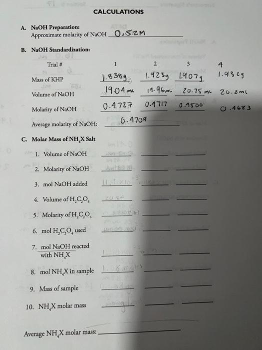 Solved CALCULATIONS A. NaOH Preparation: Approximate | Chegg.com