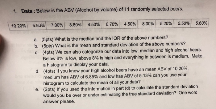 Solved 1. Data : Below is the ABV (Alcohol by volume) of 11 | Chegg.com
