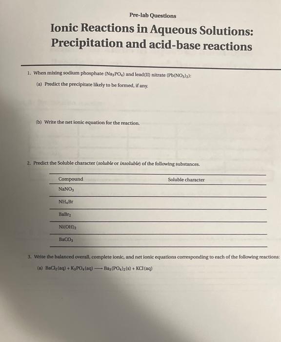 Solved Pre-lab Questions Ionic Reactions in Aqueous | Chegg.com