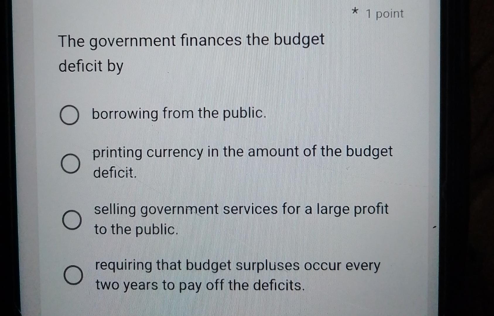Solved 1 ﻿pointThe government finances the budget deficit | Chegg.com