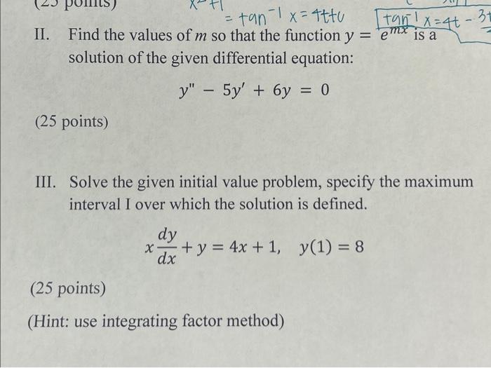 Solved II. Find the values of m so that the function y=emx | Chegg.com