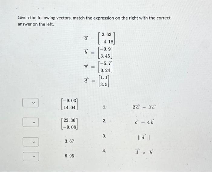 Solved Given the following vectors, match the expression on | Chegg.com