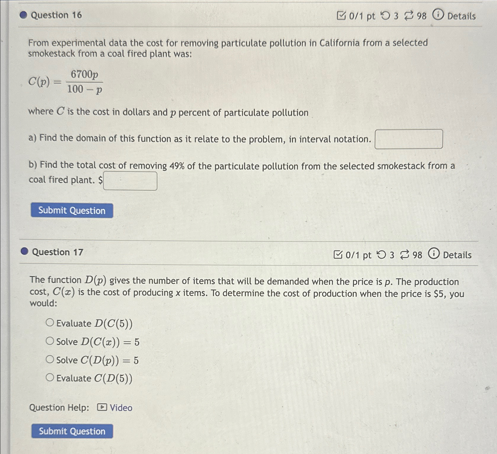 Solved Question 1601 ﻿pt3⇄98DetailsFrom experimental data | Chegg.com