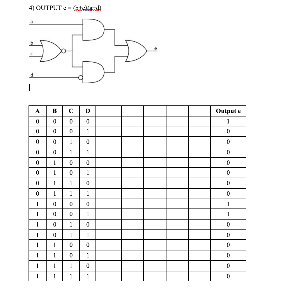Solved OUTPUT e = (b+c)(atd) ---> FILL IN THE REST OF | Chegg.com Solved OUTPUT e = (b+c)(atd) ---> FILL IN THE REST OF | Chegg.com