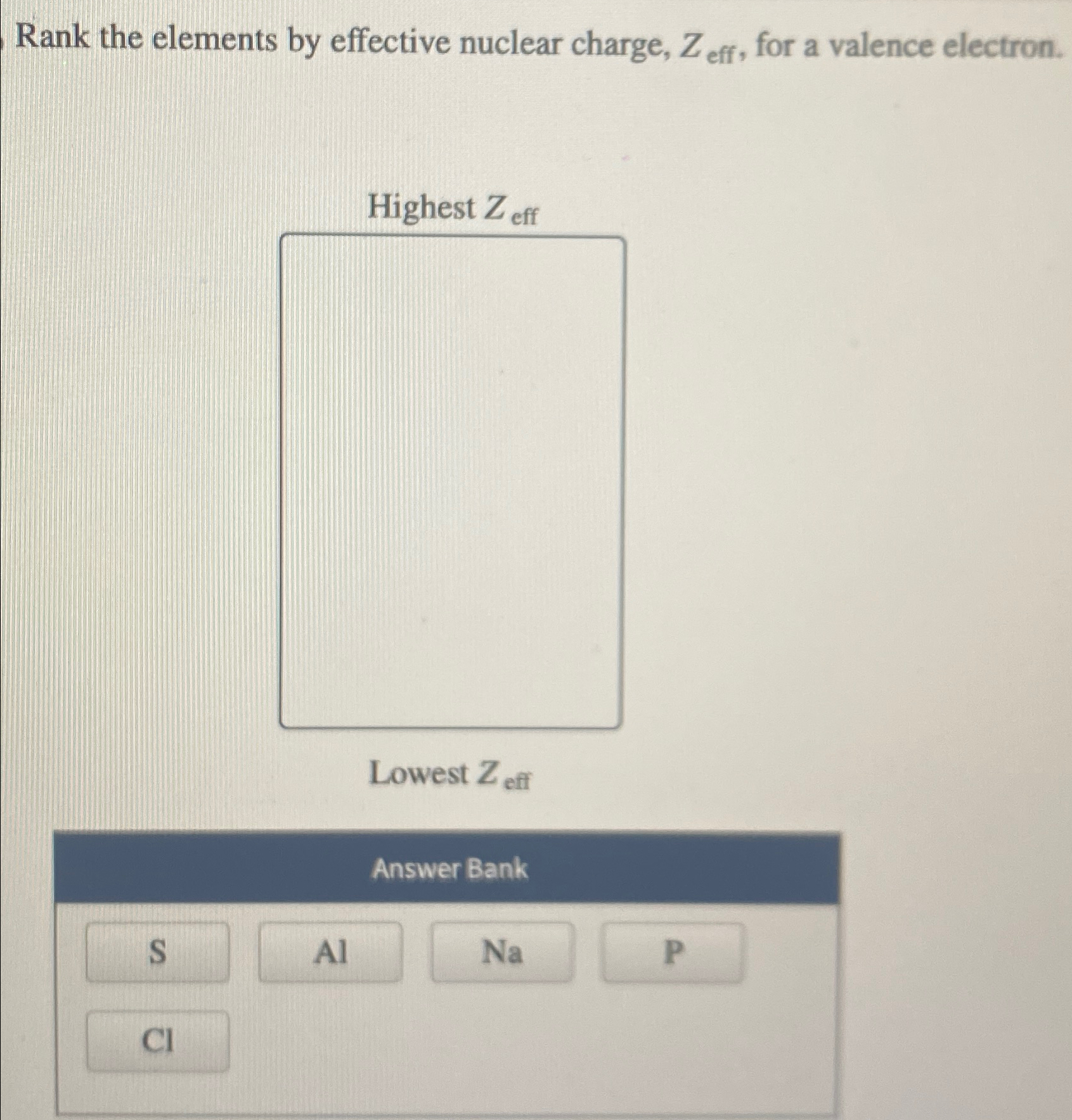 Solved Rank the elements by effective nuclear charge, Zeff , | Chegg.com