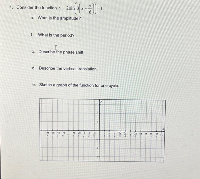 Solved Consider the function y=2sin(3(x+6π))−1 a. What is | Chegg.com
