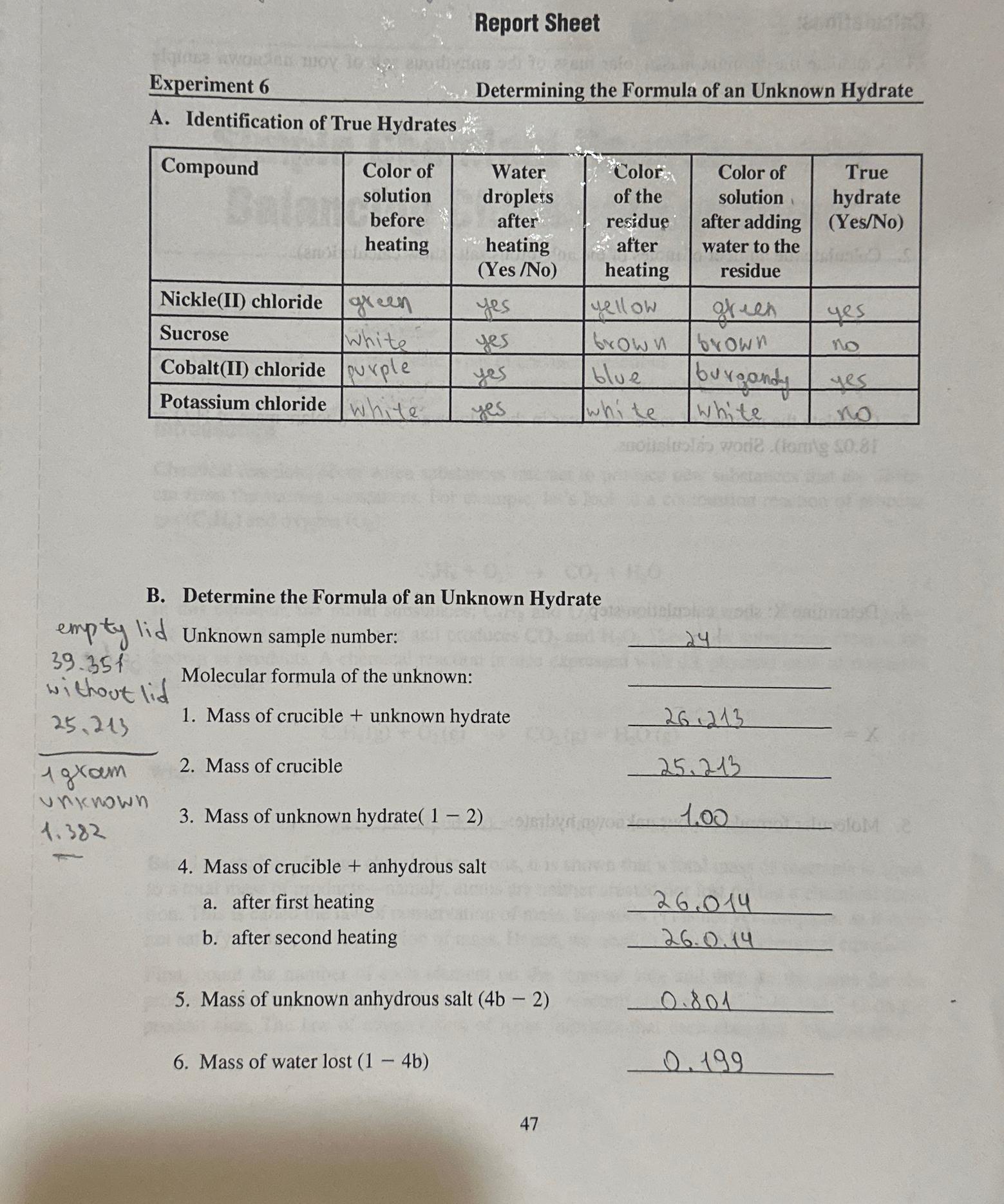 Report SheetExperiment 6Determining the Formula of an | Chegg.com