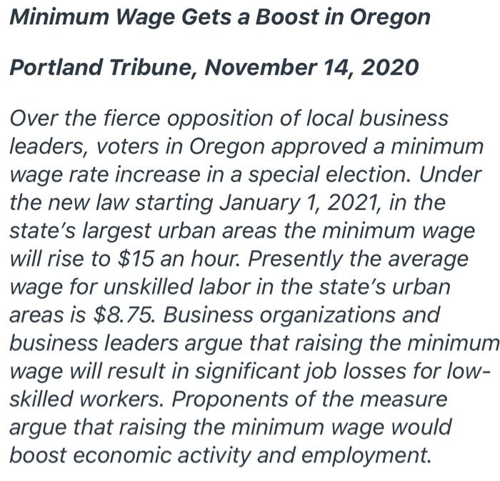 Solved Minimum Wage Gets a Boost in Oregon Portland Tribune, | Chegg.com