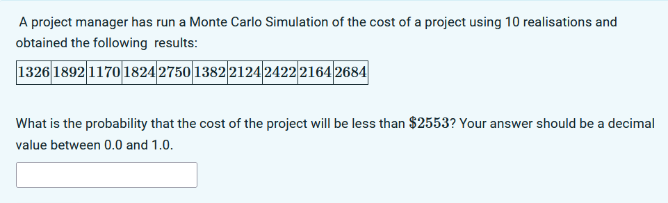 Solved A project manager has run a Monte Carlo Simulation of | Chegg.com