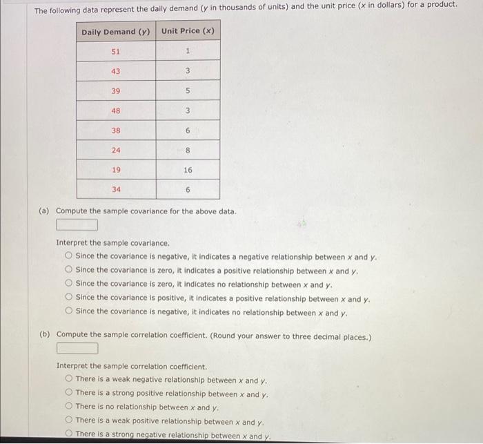 Solved (a) Compute the sample covariance for the above data. | Chegg.com