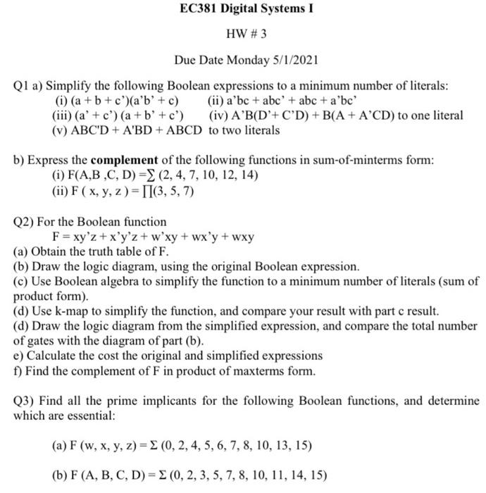 Solved EC381 Digital Systems I HW #3 Due Date Monday | Chegg.com