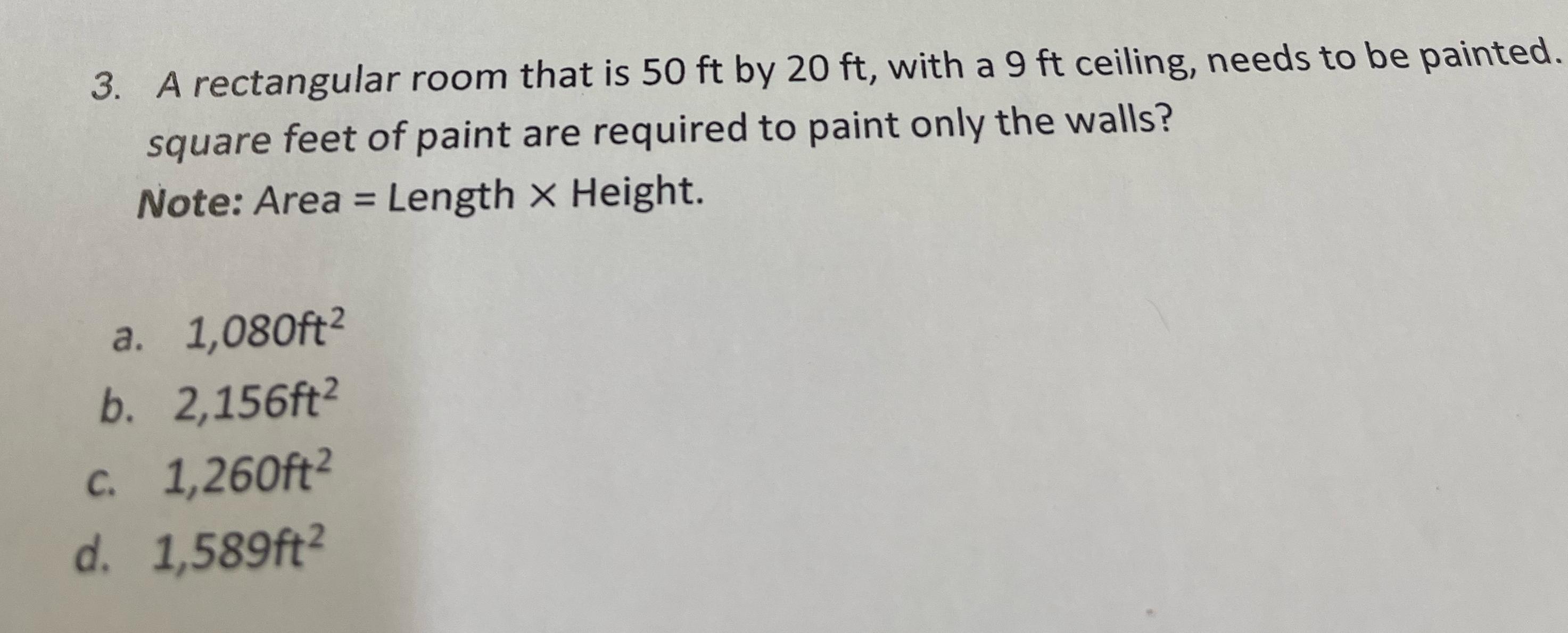 Solved A rectangular room that is 50ft by 20ft, with a 9ft | Chegg.com