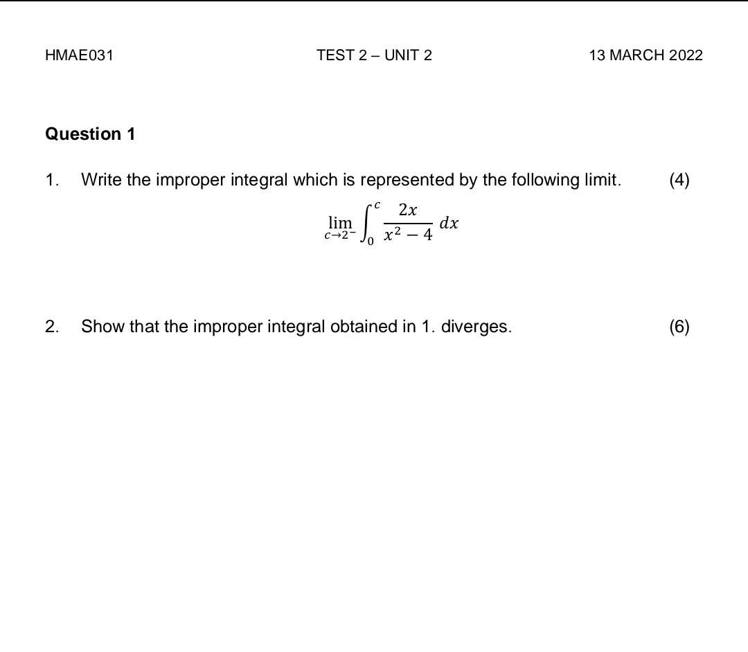 Solved 1. Write the improper integral which is represented | Chegg.com
