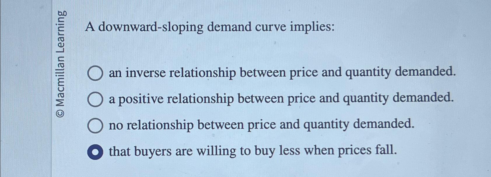 Solved A downward-sloping demand curve implies:an inverse | Chegg.com