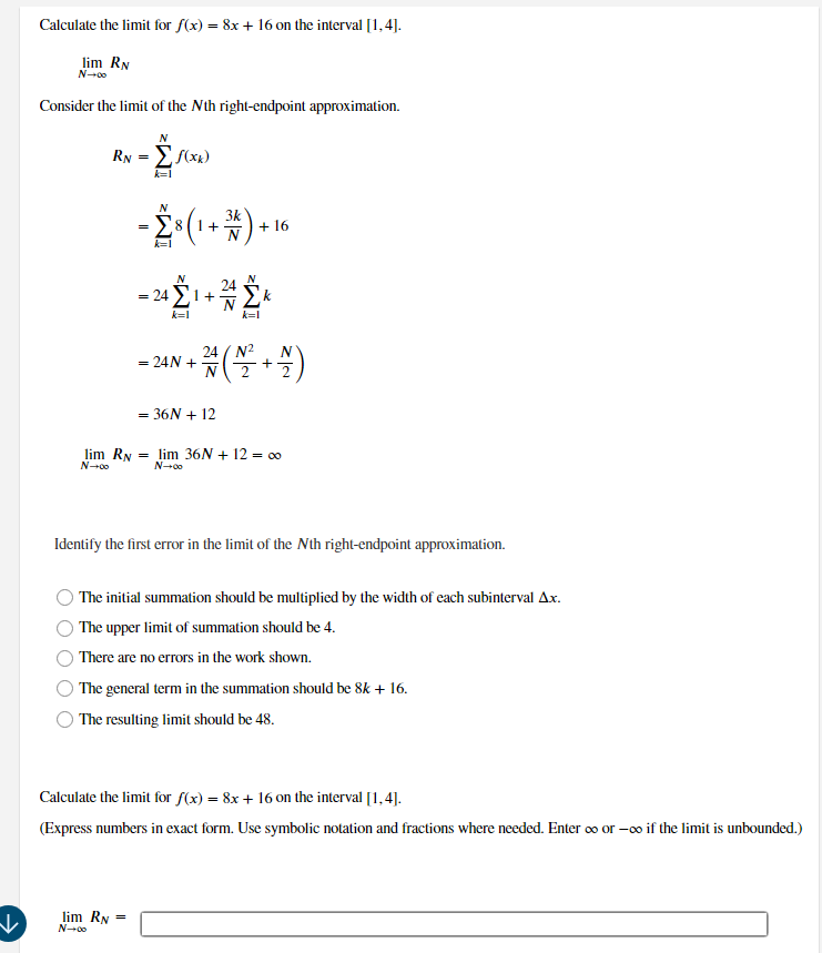 Solved Calculate the limit for f(x)=8x+16 ﻿on the interval | Chegg.com