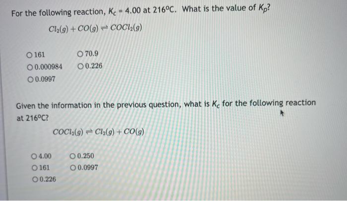 Solved For the following reaction, Kc=4.00 at 216∘C. What is | Chegg.com