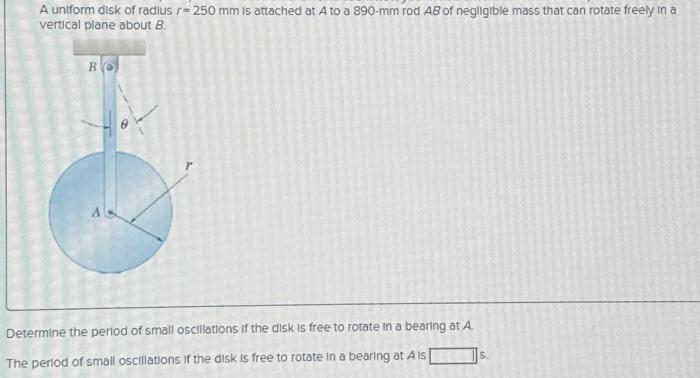 Solved A uniform disk of radius r=250 mm is attached at A to | Chegg.com