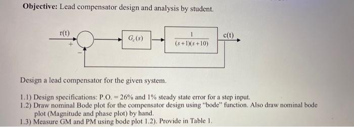 Solved Objective: Lead compensator design and analysis by | Chegg.com