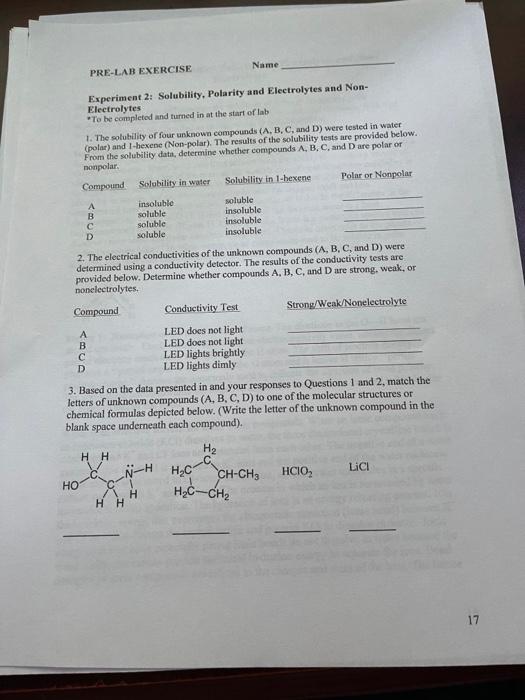 Solved Name PRE-LAB EXERCISE Experiment 2: Solubility. | Chegg.com