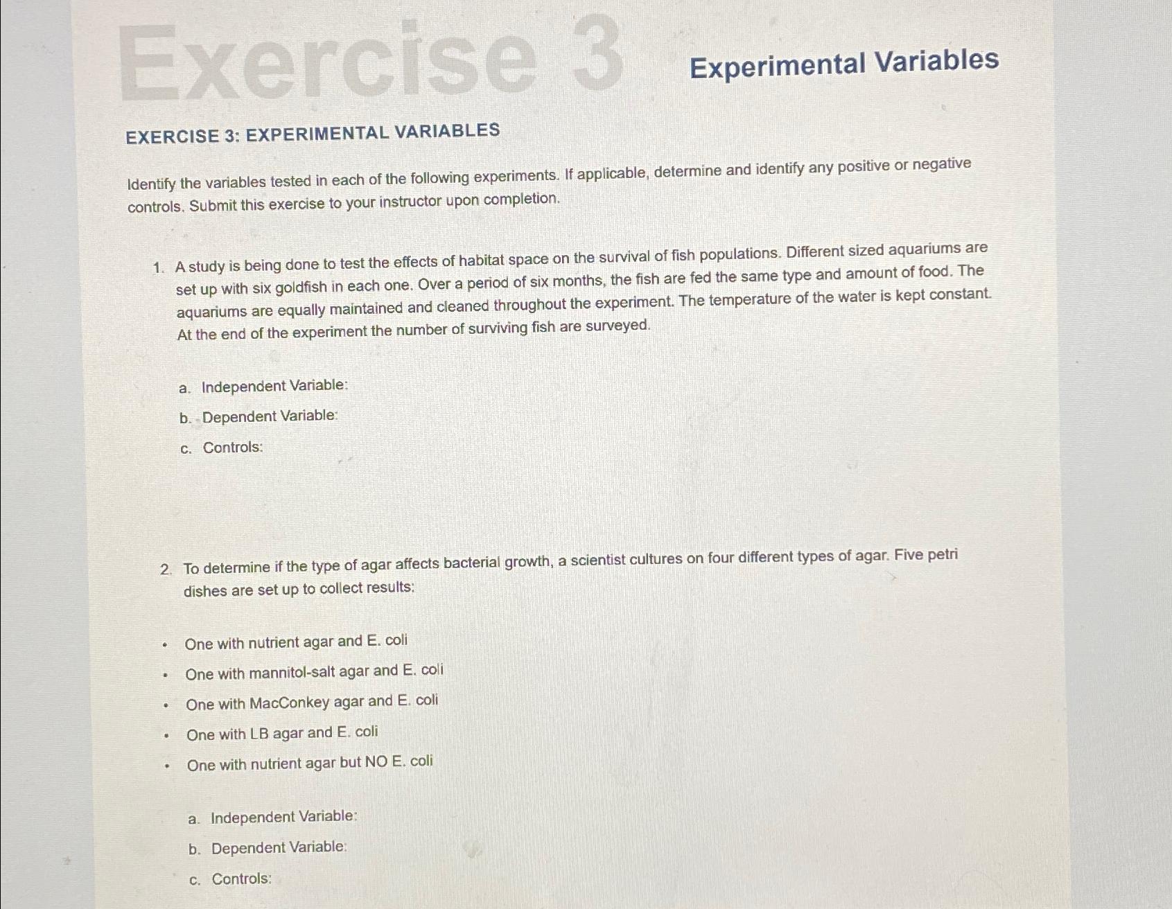 Solved Experimental VariablesEXERCISE 3: EXPERIMENTAL | Chegg.com