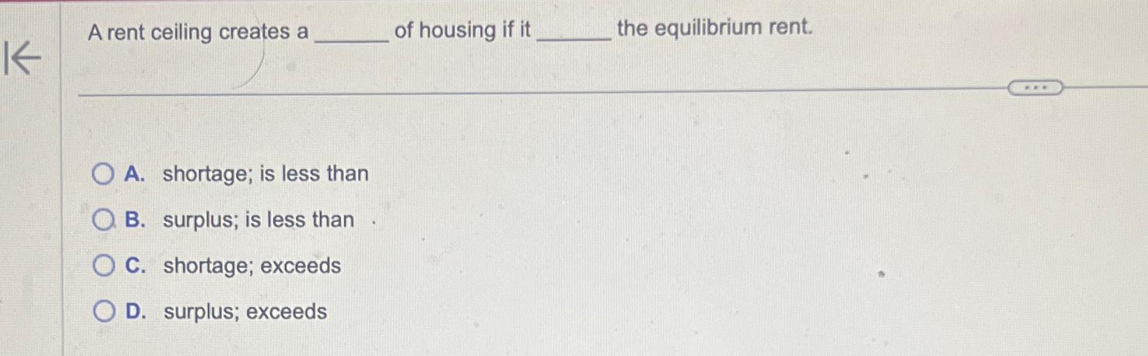 Solved A rent ceiling creates a of housing if it the | Chegg.com
