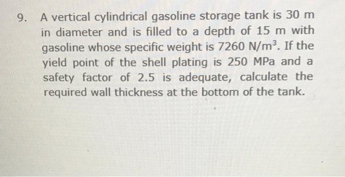 Solved 9. A vertical cylindrical gasoline storage tank is 30 | Chegg.com