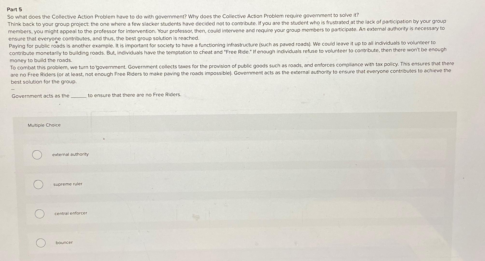 Solved Part 5So what does the Collective Action Problem have | Chegg.com
