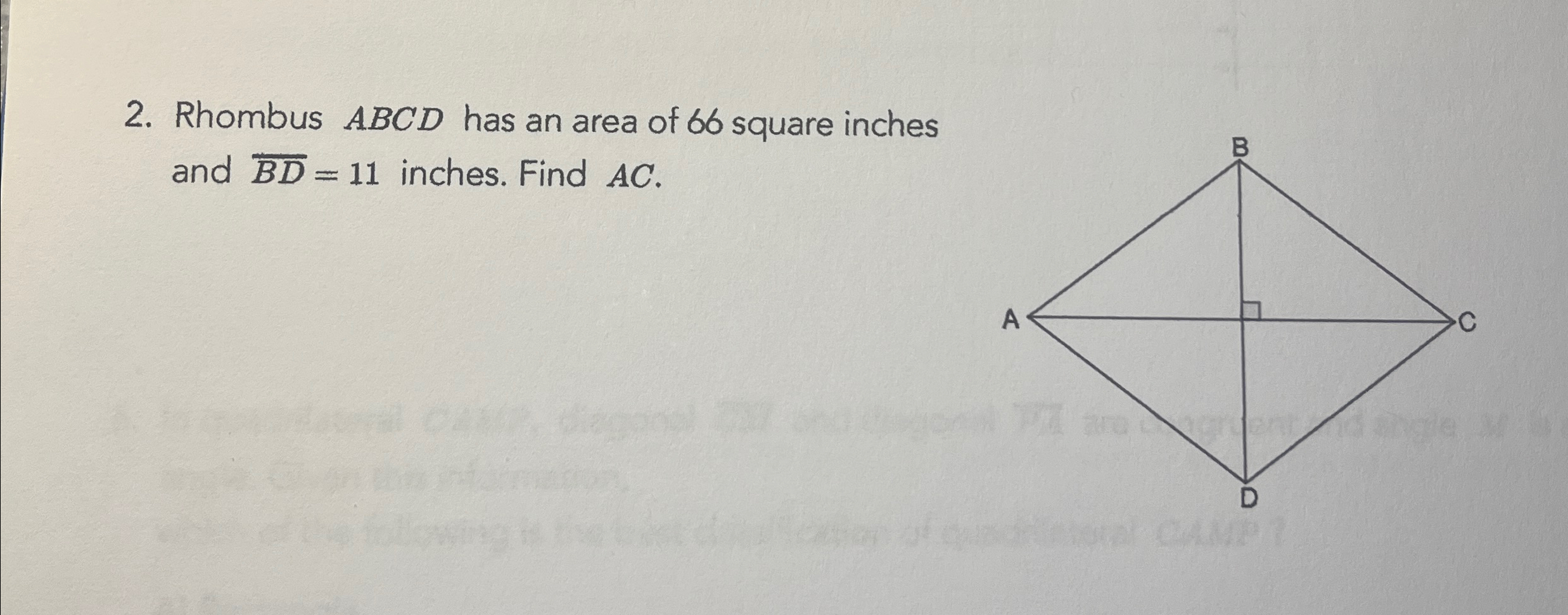 Solved Rhombus ABCD has an area of 66 ﻿square inches and | Chegg.com