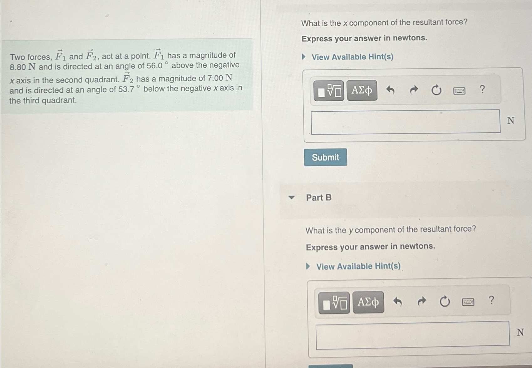 Solved Two forces, vec(F)1 ﻿and vec(F)2, ﻿act at a point. | Chegg.com