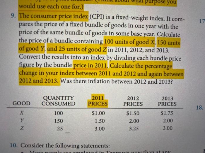 Solved would use each one for.) 9. The consumer price index | Chegg.com
