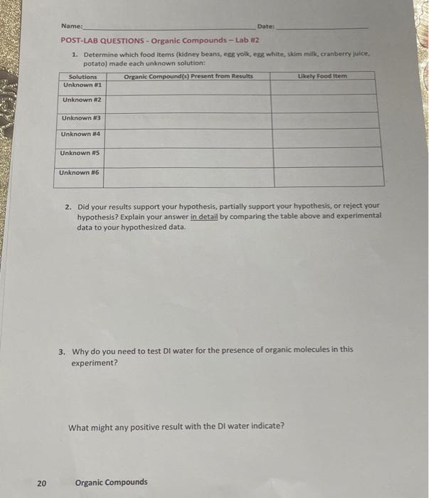 Name: Date: POST-LAB QUESTIONS - Organic | Chegg.com