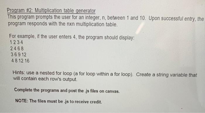 Solved Program 2 Multiplication Table Generator This