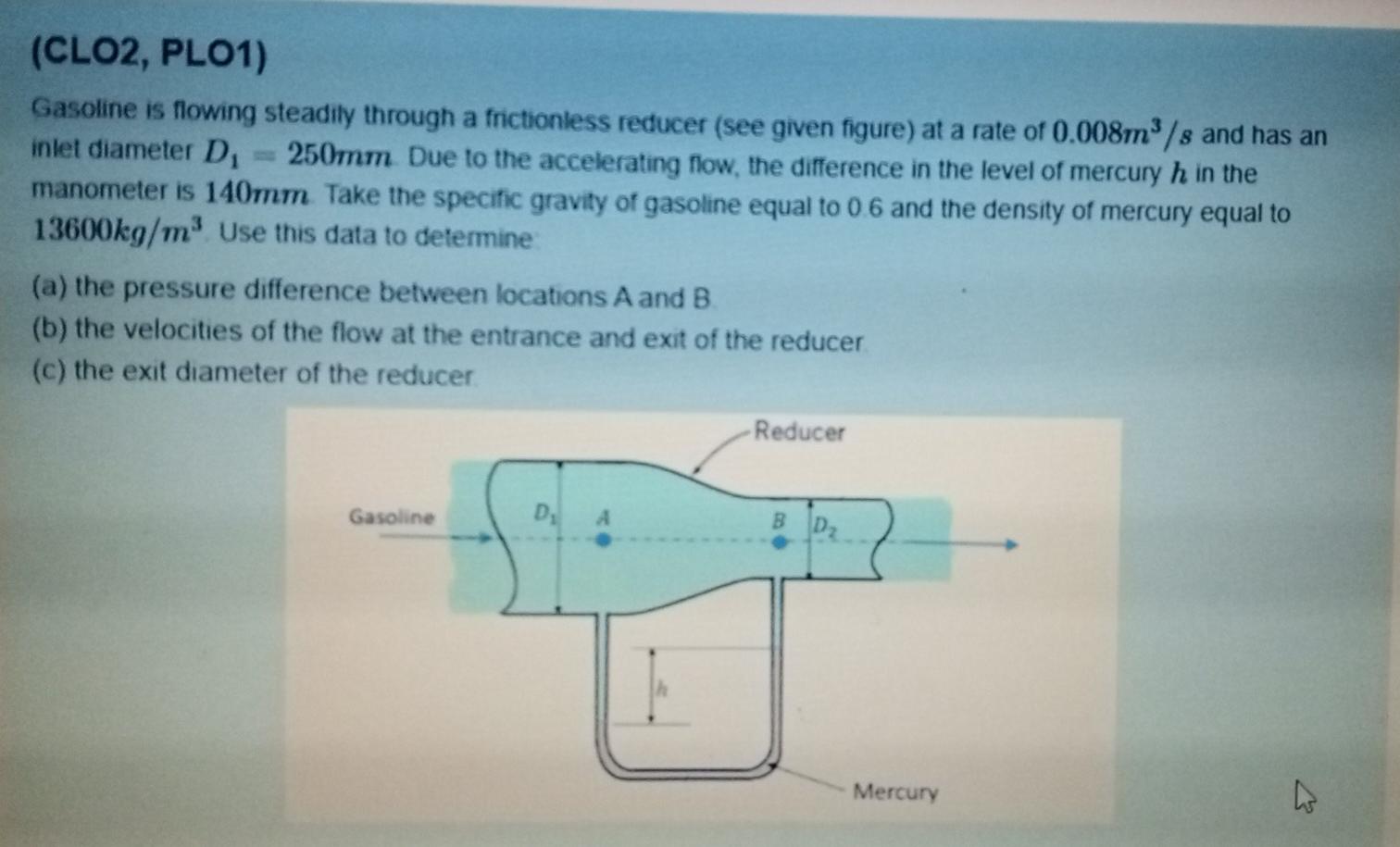 Solved (CLO2, PLO1) Gasoline is flowing steadily through a | Chegg.com
