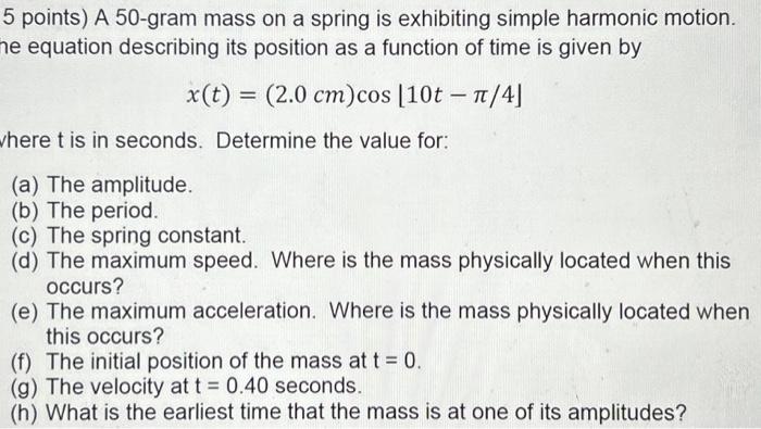 Solved 5 points) A 50 -gram mass on a spring is exhibiting | Chegg.com
