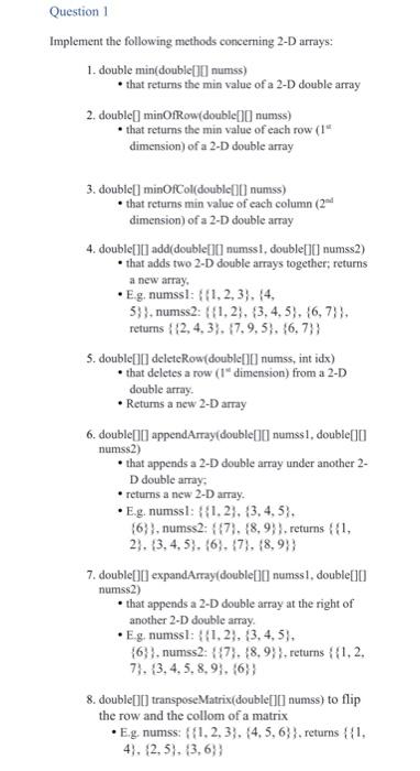 Solved nplement the following methods concerning 2-D arrays: | Chegg.com