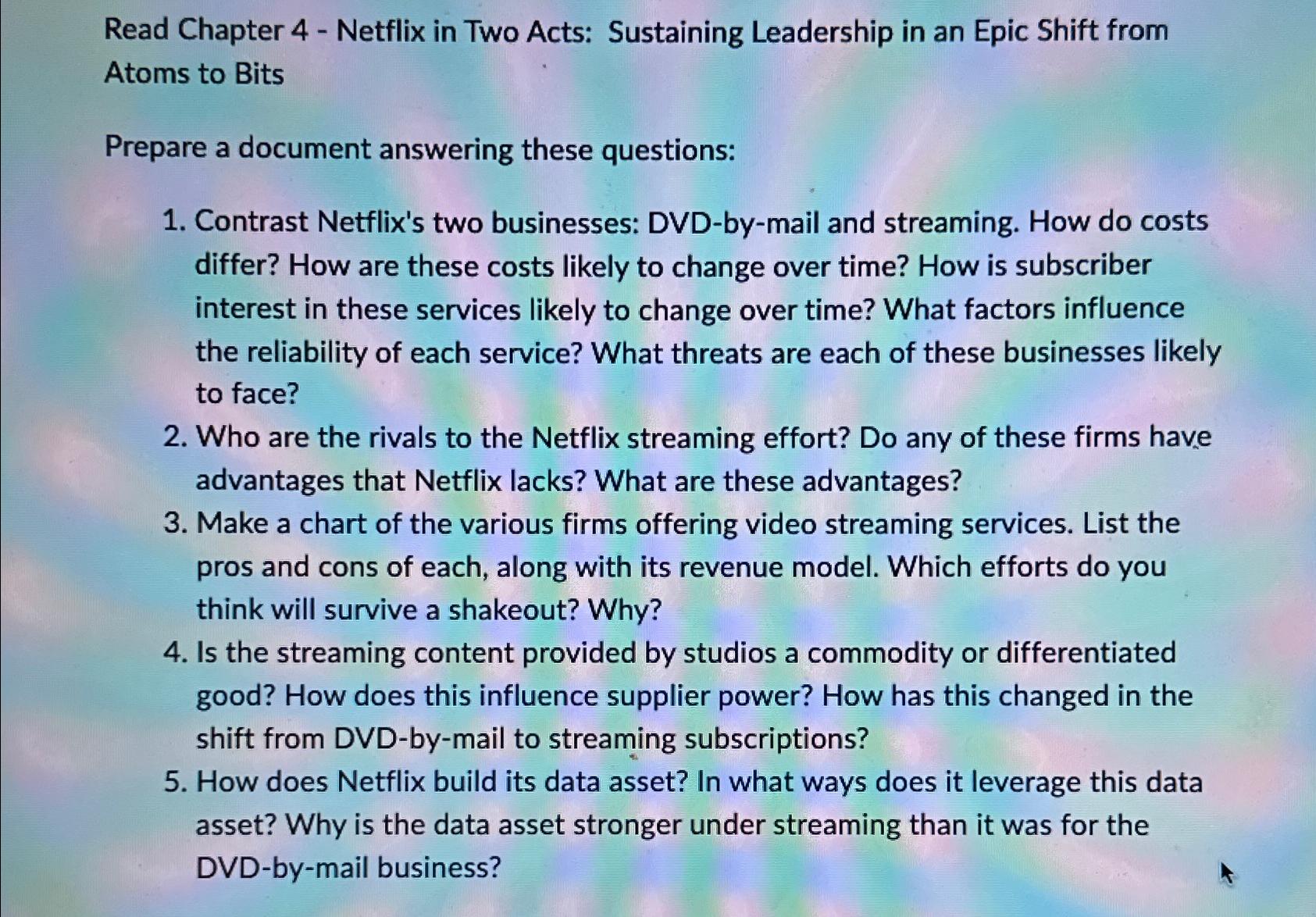 Solved Read Chapter 4 - ﻿Netflix in Two Acts: Sustaining | Chegg.com