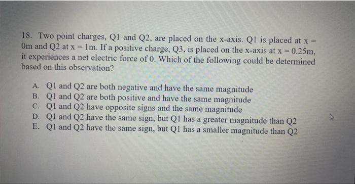 Solved 18. Two point charges, Q1 and Q2, are placed on the | Chegg.com