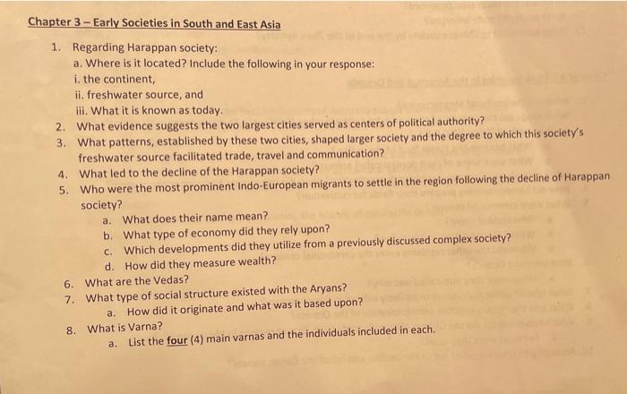 Chapter 3-Early Societies in South and East Asia 1. | Chegg.com