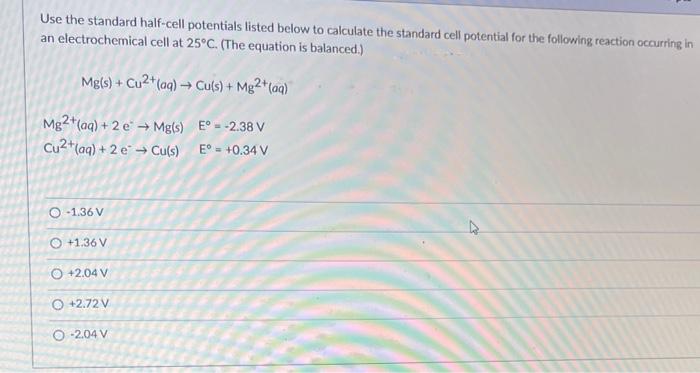 Solved Use the standard half-cell potentials listed below to | Chegg.com