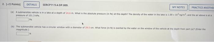Solved (a) A submersible vehicie is in a lake at a depth of | Chegg.com