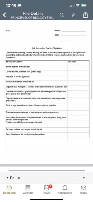 Solved Cell Orgaaelles Fractice Werkshest Complete the | Chegg.com