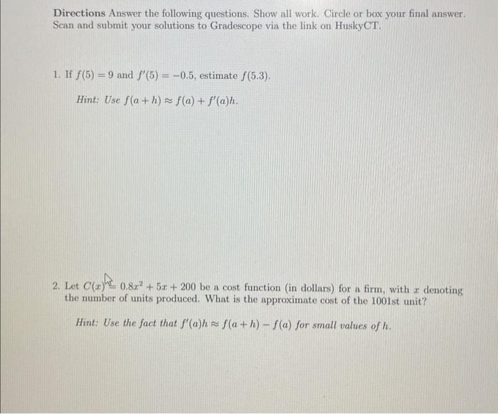 Solved Directions Answer the following questions. Show all | Chegg.com