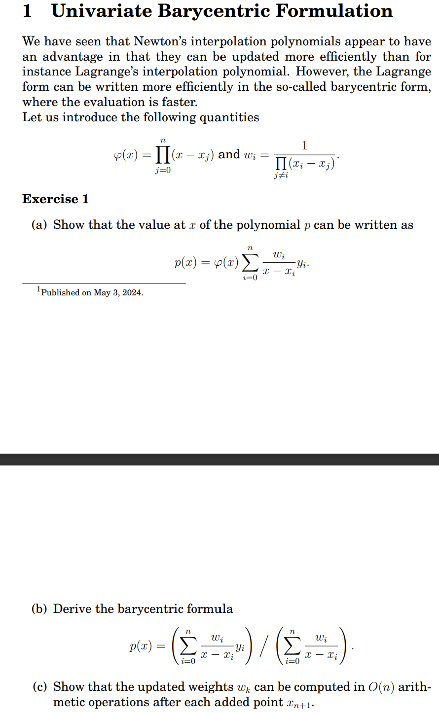 Solved 1 ﻿Univariate Barycentric FormulationWe have seen | Chegg.com