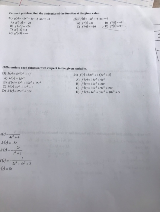 Solved For each problem, find the derivative of the function | Chegg.com