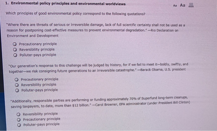 Solved 1. Environmental policy principles and environmental | Chegg.com