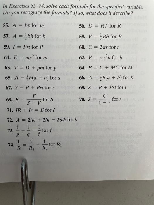 Solved In Exercises 55-74, solve each formula for the | Chegg.com