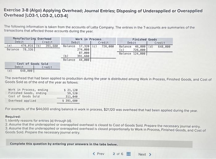 Solved Exercise 3-8 (Algo) Applying Overhead; Journal | Chegg.com