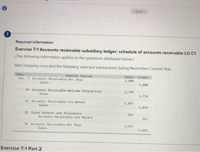 Solved Saved Exercise 7-1 Accounts receivable subsidiary | Chegg.com