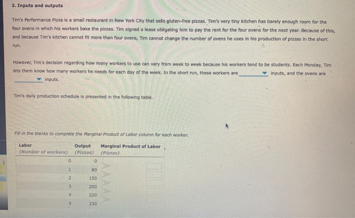 Solved 2. Inputs and outputs Tim's Performance Pizza is a | Chegg.com