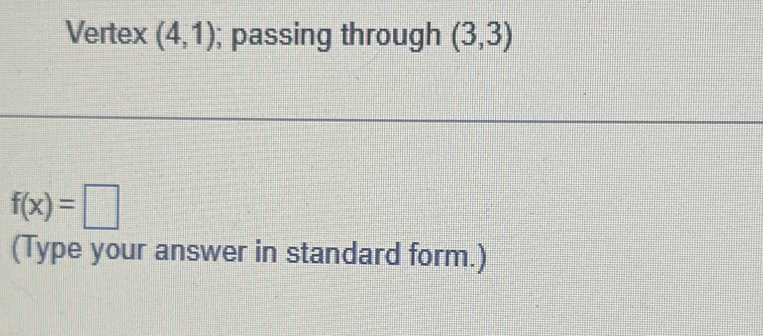 Solved Vertex (4,1); passing through (3,3)f(x)=(Type your | Chegg.com